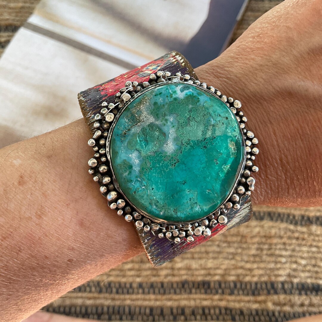 Sterling Silver Chrysocolla Upcycle Leather Bracelet Cuff - Etsy