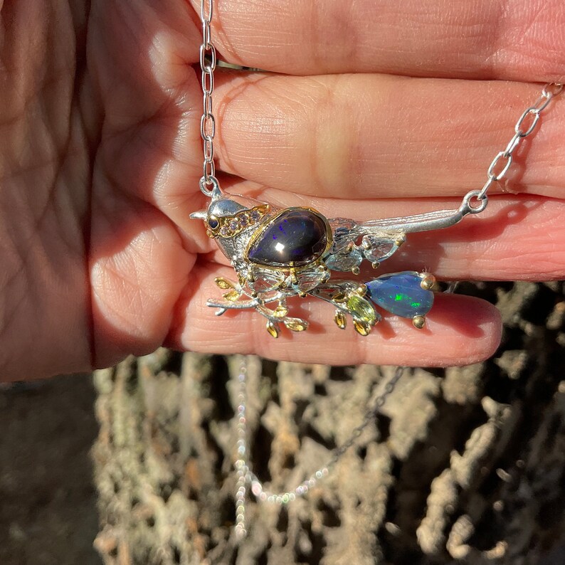 Sterling Silver Black Rainbow Blue Natural Opal Bird Art Necklace - Etsy