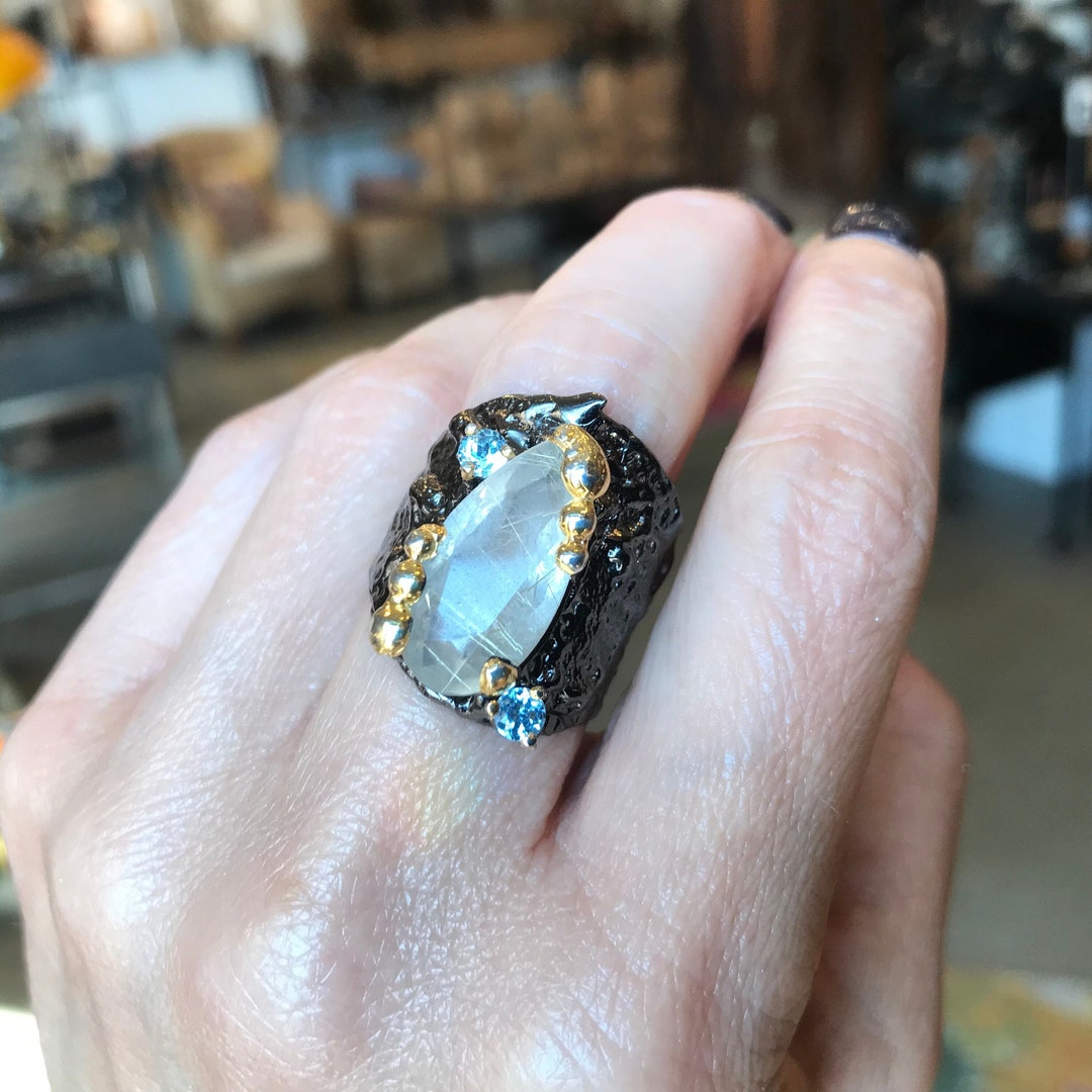 925 Sterling Silver Rutilated Quartz Topaz Statement Ring 8.5 - Etsy