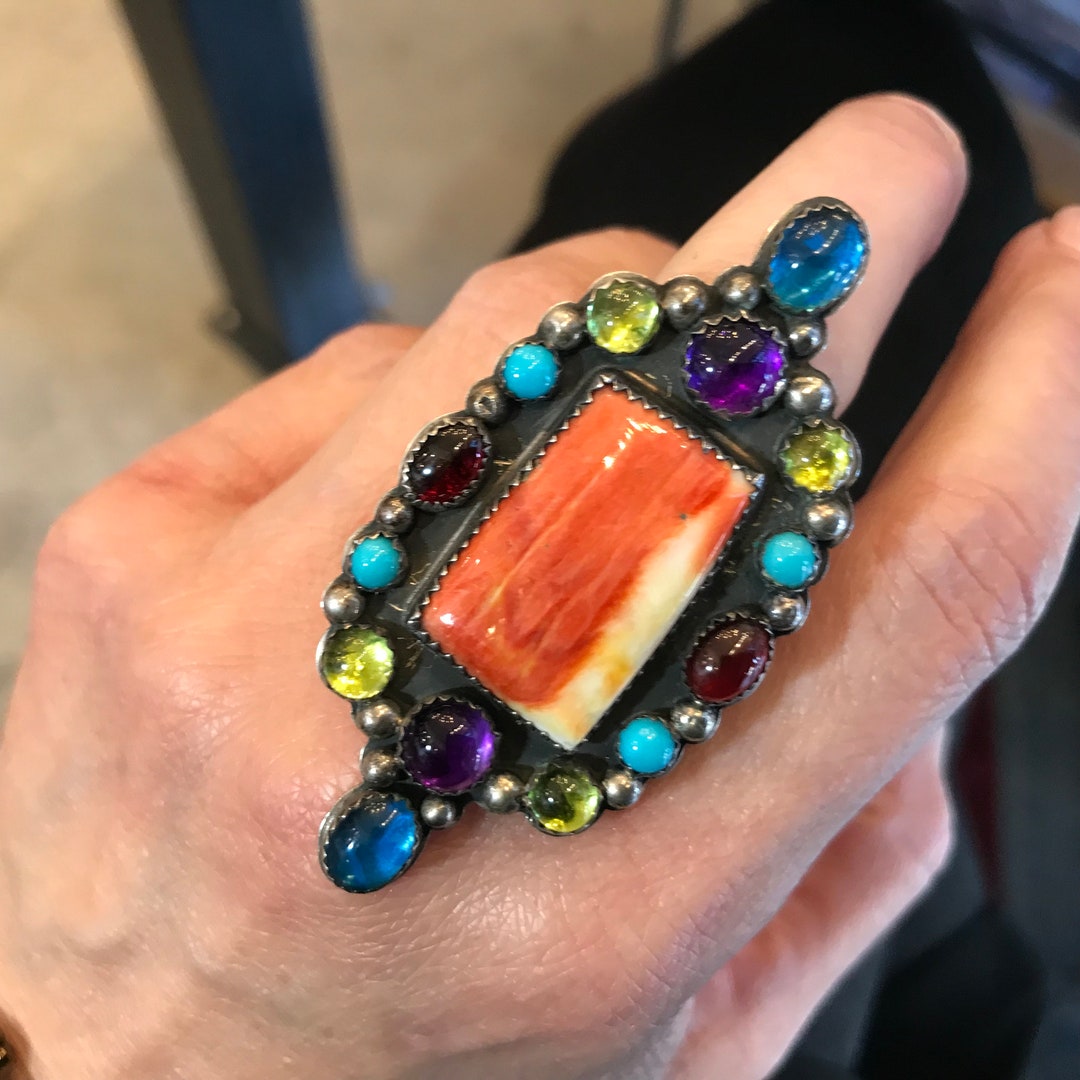 Sterling Statement Spiny Oyster Turquoise Huge Adjustable Cluster Ring ...