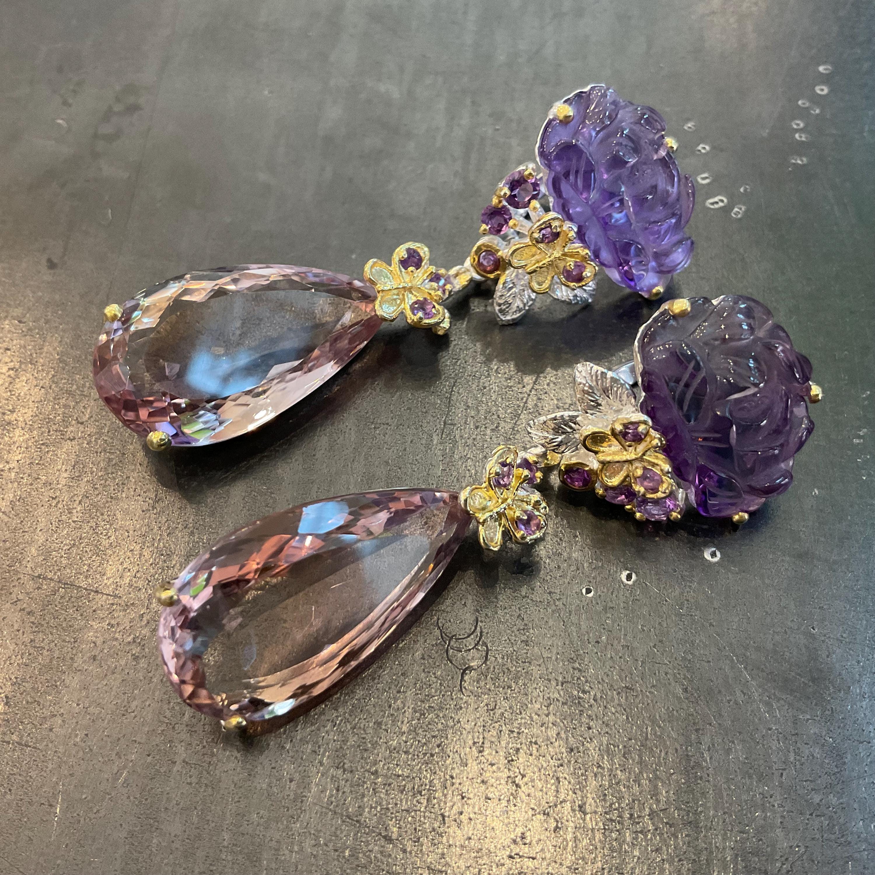 Sterling Silver Ametrine Pear Shape Carved Flower Large Dangle ...