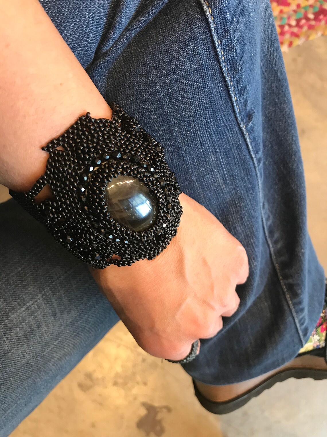 Handmade Bead Beaded Cuff Bracelet Statement Obsidian - Etsy