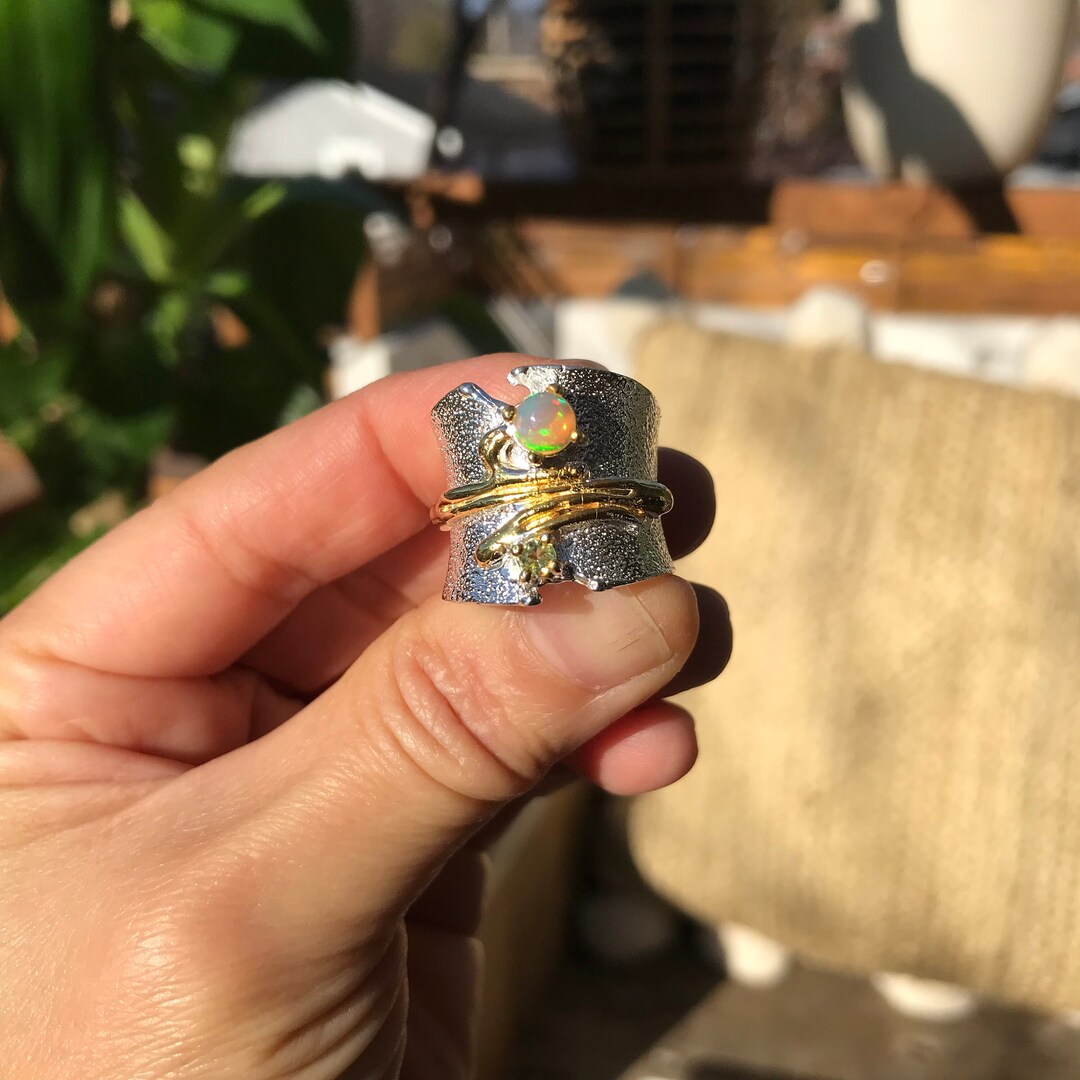 Sterling Silver Natural Opal Peridot Band Ring 7 - Etsy