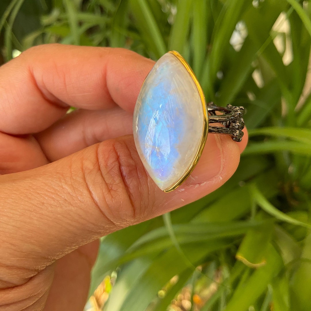 Sterling Silver Natural Moonstone Marquis Rustic Band Ring 8 - Etsy