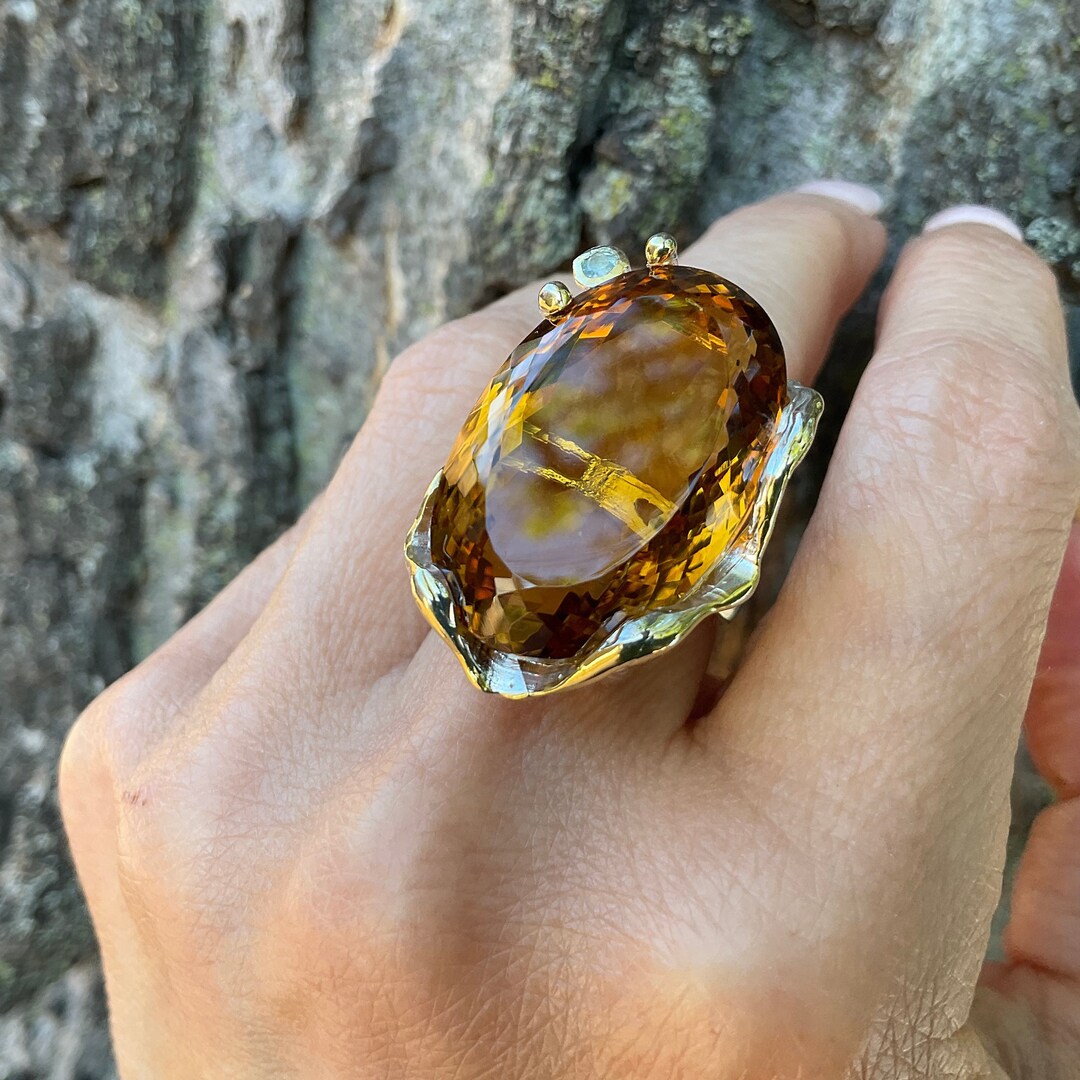 Sterling Silver Cognac Quartz Statement Ring Huge Ring 7 - Etsy