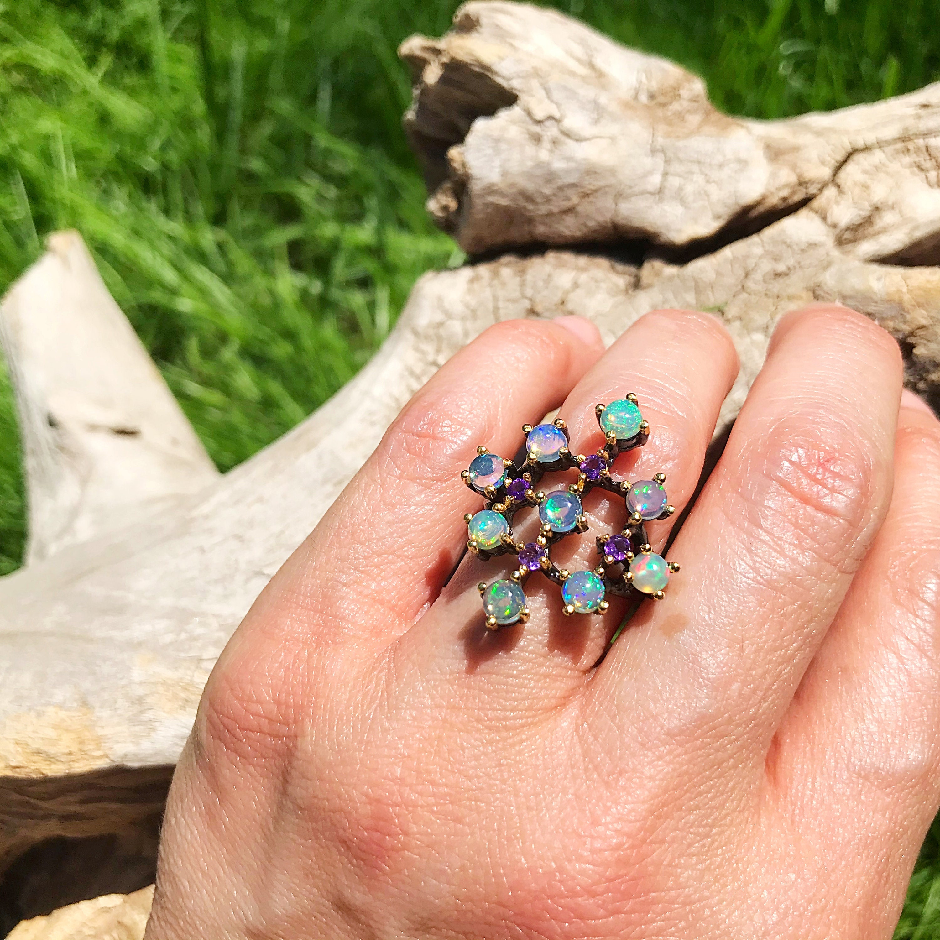 Handmade Sterling Silver rainbow Natural Opal Amethyst ring 7 | Etsy