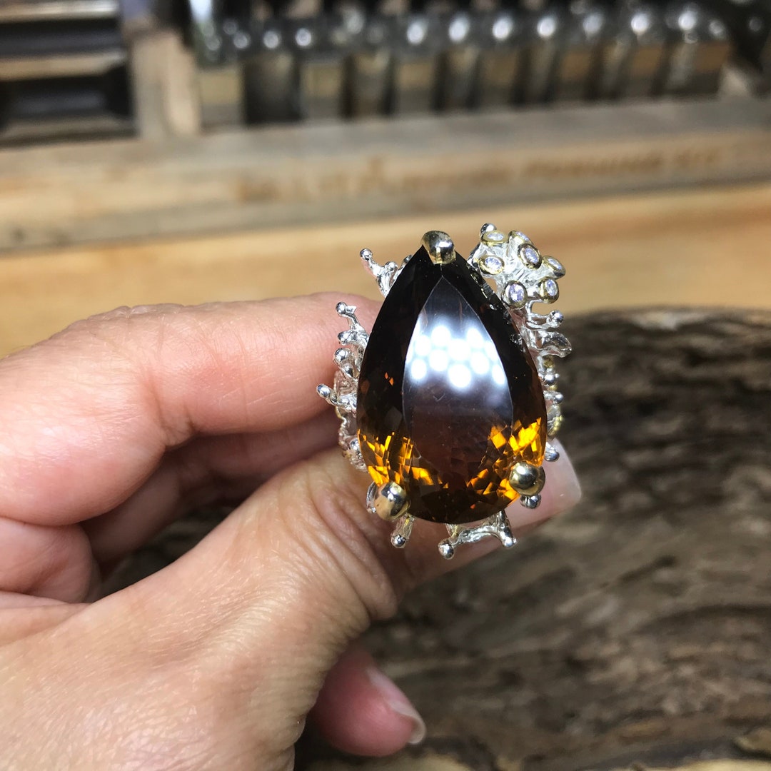 Sterling Silver 40ct Cognac Quartz Statement Ring 8 - Etsy