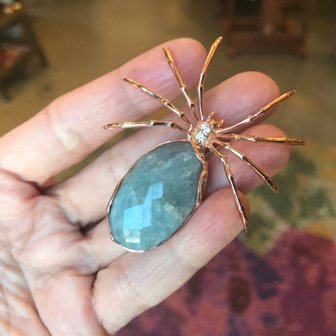 Sterling Silver Natural Aquamarine Brooch Pin Spider - Etsy