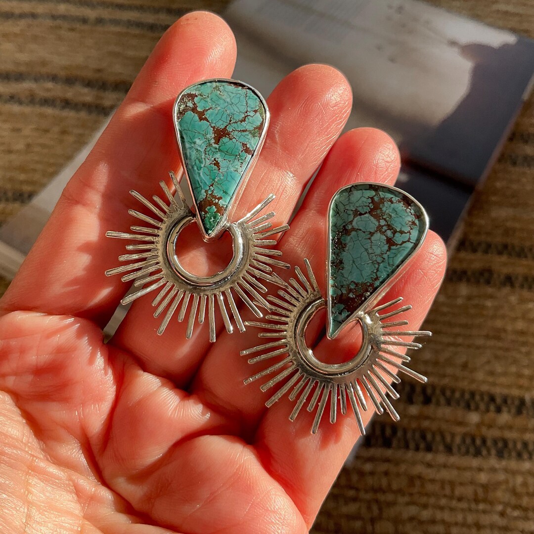 Sterling Silver Turquoise Sunburst Statement Post Earrings - Etsy