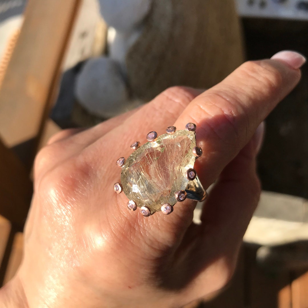 925 Sterling Silver Rutilated Quartz Organic Art Ring 9 - Etsy