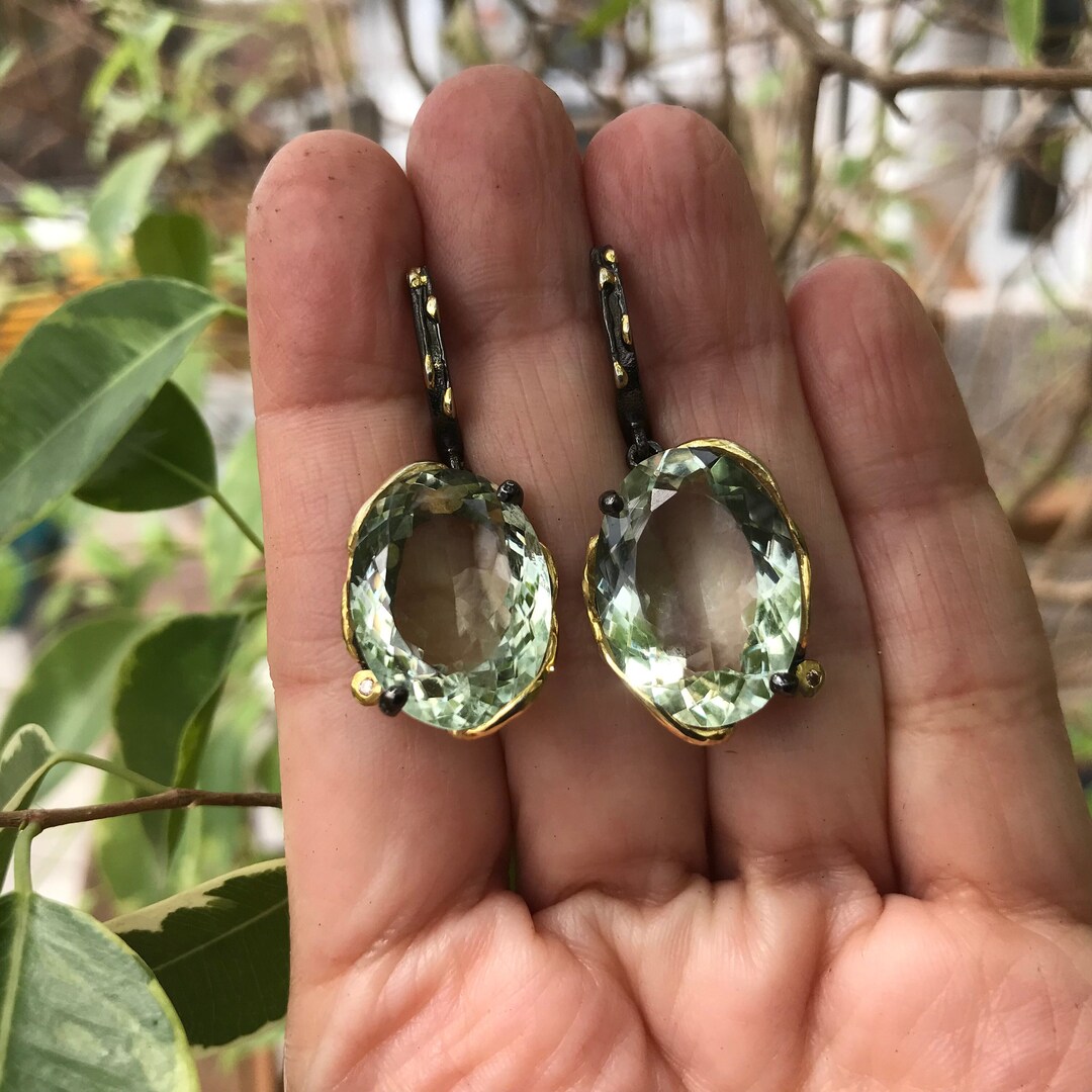 Sterling Silver Green Amethyst Fancy Statement Earrings - Etsy