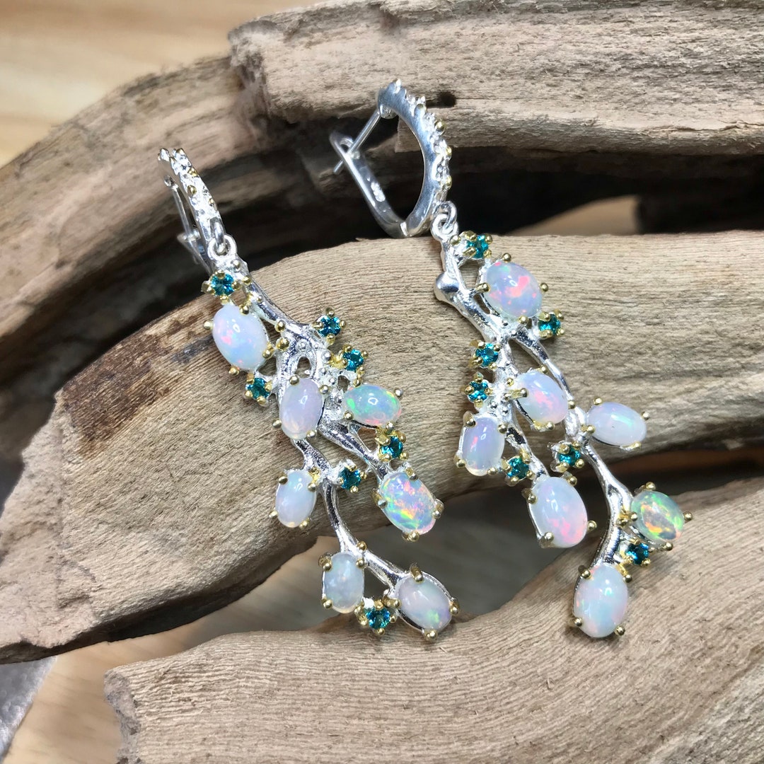 Sterling Silver Rainbow Twig Natural Opals Earrings - Etsy