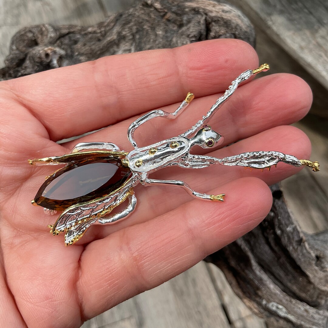 Sterling Silver Praying Mantis Cognac Quartz Brooch Pin - Etsy