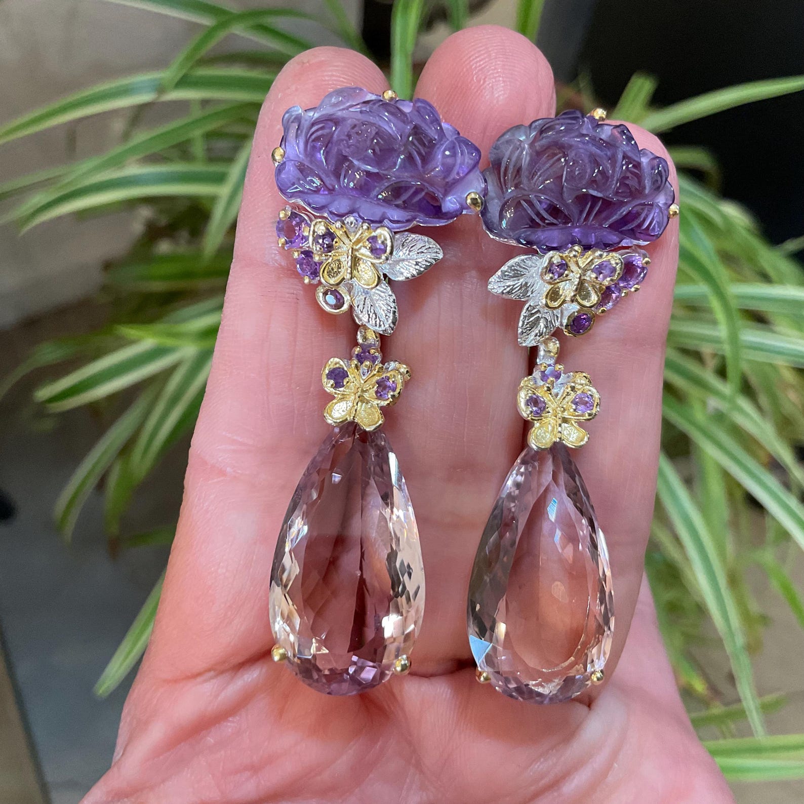 Sterling Silver Ametrine Pear Shape Carved Flower Large Dangle ...