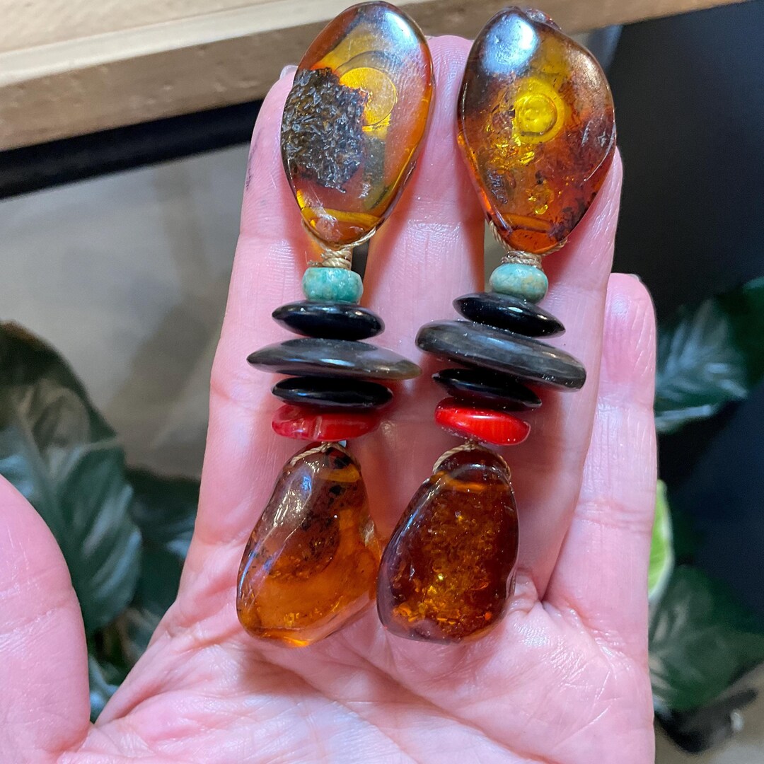 Sterling Silver Natural Amber Coral Jade Horn Oversize Statement ...