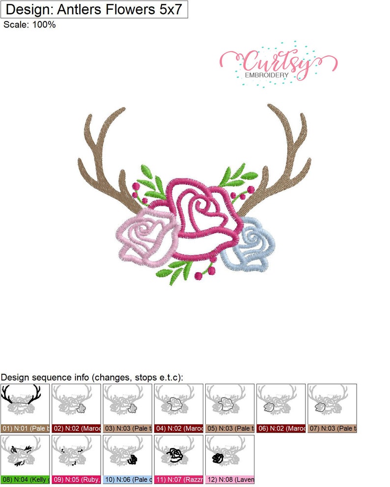 Antler Embroidery Design / Boho Antlers Applique Design / Floral ...