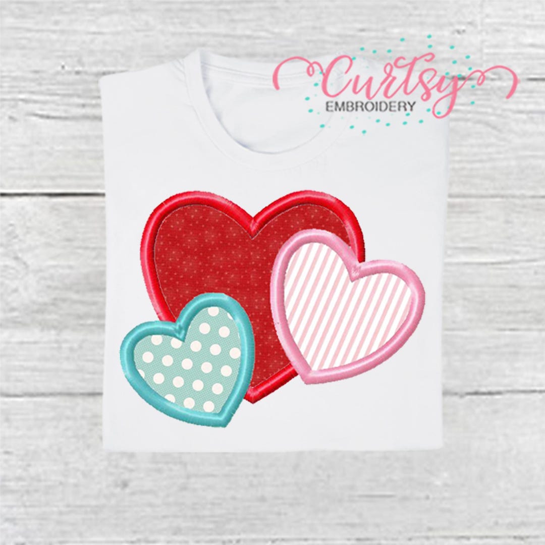 Hearts Trio Applique Embroidery Design | Valentines Day Heart Applique ...
