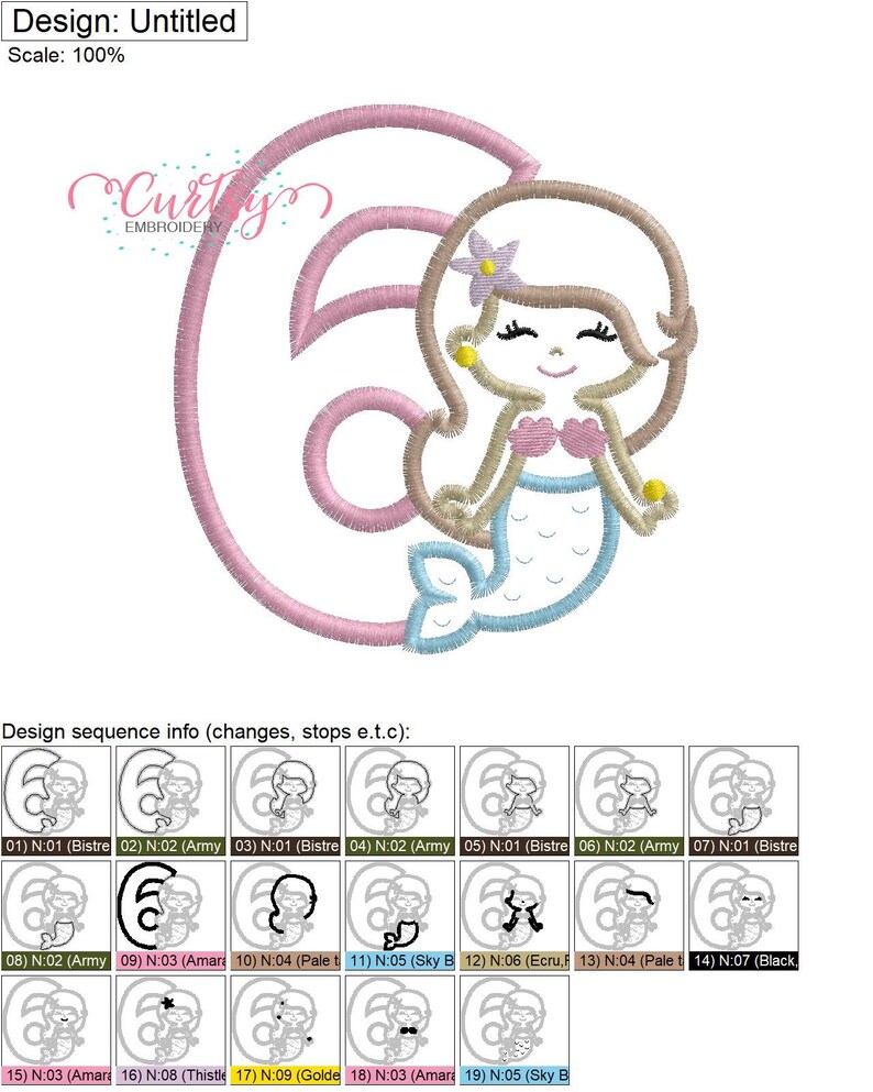 Mermaid Embroidery Design – Birthday Number 6 Applique – Sixth Birthday ...