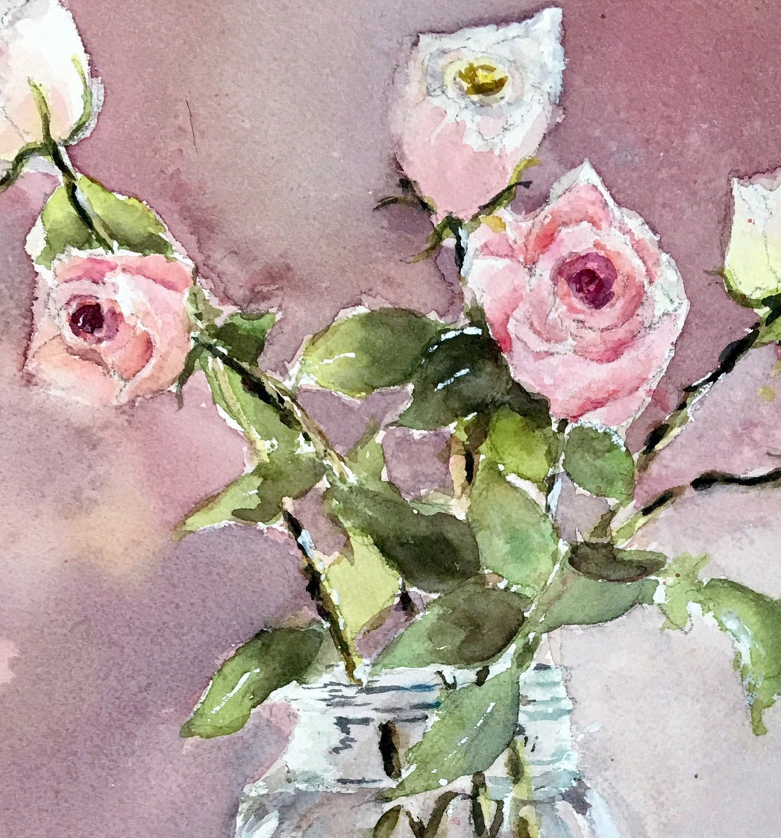 Pink Roses Bouquet Pastel Floral Art Print From Original Watercolor ...