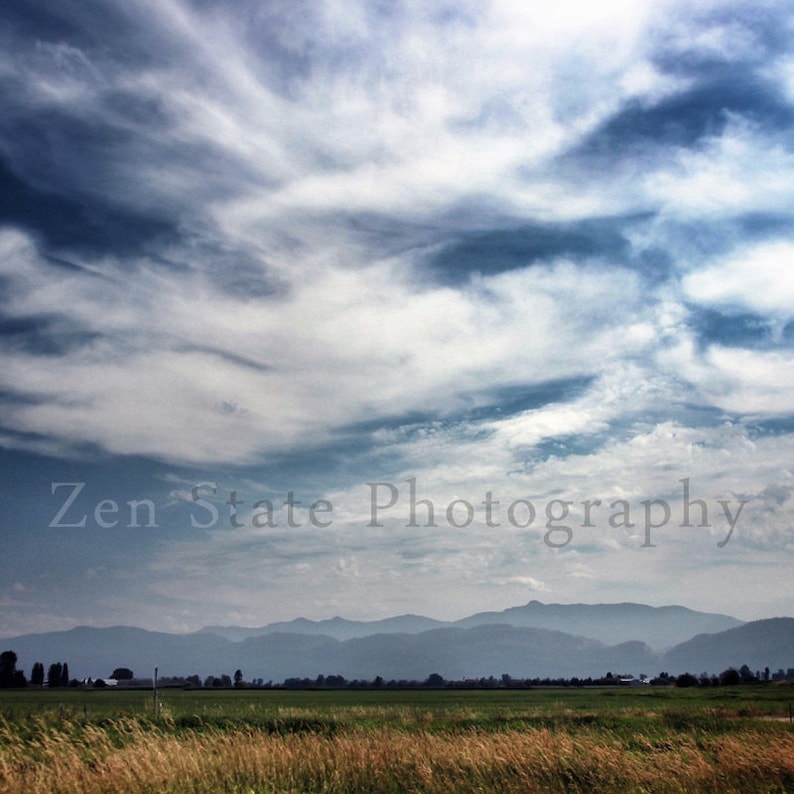 Blue and White Country Print. Summer Sky Landscape Photograph. Wheat ...