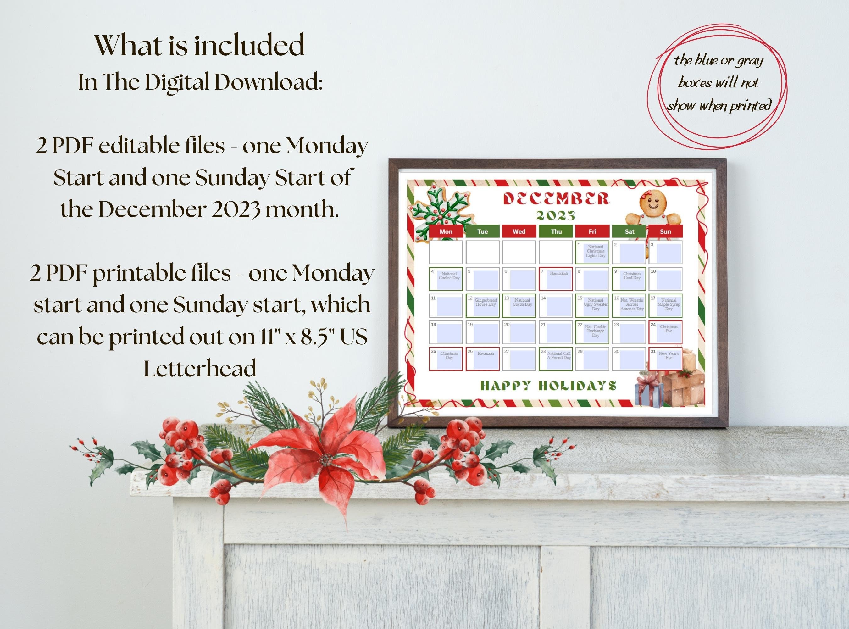 Sugar Cookie December 2023 Editable One Month Calendar, Mon. or Sun ...