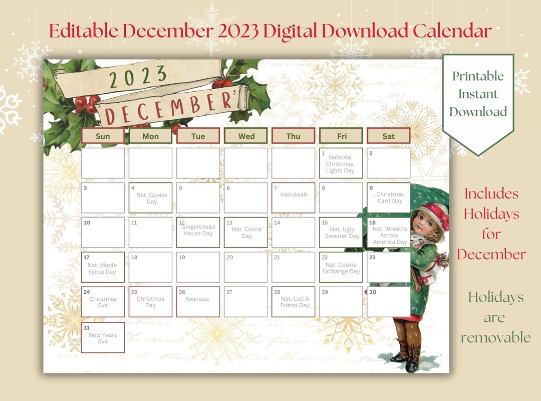 Old World December 2023 Editable One Month Calendar, Mon. or Sun. Start ...