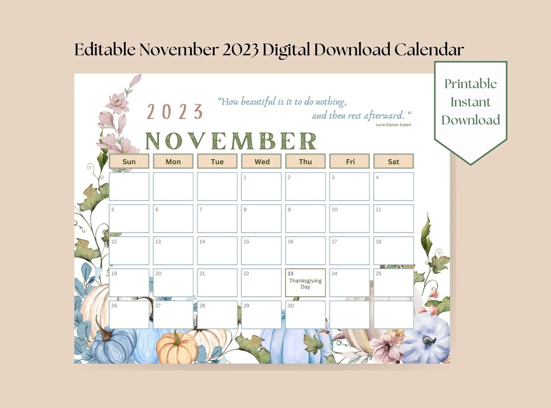 Blue November 2023 Editable One Month Calendar, Mon. or Sun. Start ...