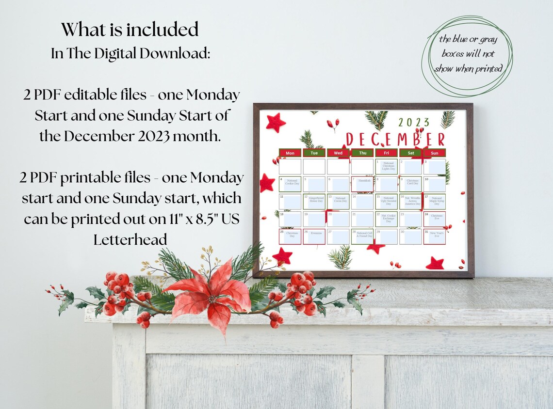 Country Christmas Stars December 2023 Editable One Month Calendar ...