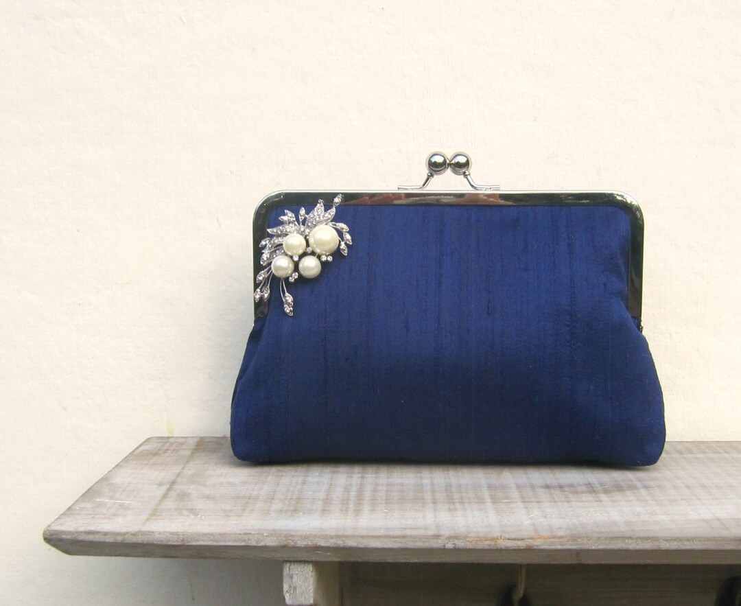 Navy Bridal Clutch, Pearl and Rhinestone Clutch, Navy Wedding Clutch ...