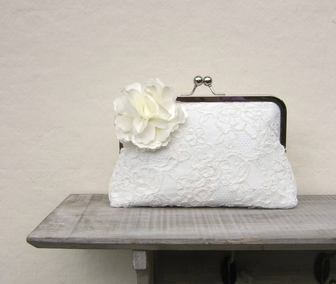 Ivory Bridal Clutch Bag, Lace Wedding Clutch With Cream Flower, Ivory ...