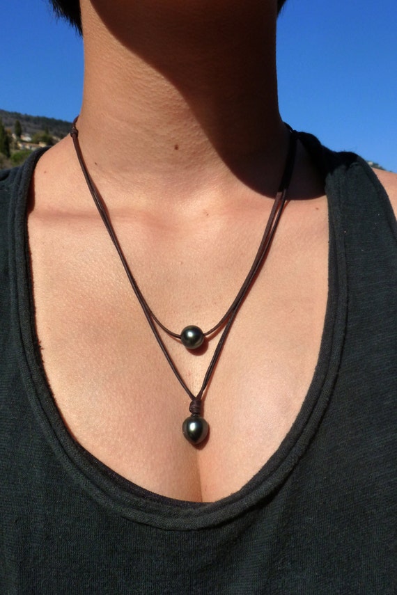 Tahitian Pearls on Australian Leather Necklace Two Beautiful Black Pearls Lava Bead at Closure Etsy