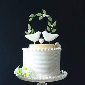 Green Wedding Topper, Wooden Cake Topper, Love Birds and Leaves and ...