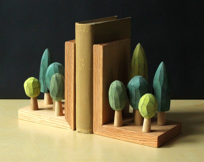 Hand Carved Bookends for Book Lovers, Tree Book Ends, Green/ Eco Wood ...