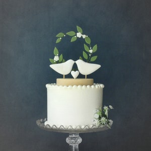 Green Wedding Topper, Wooden Cake Topper, Love Birds and Leaves and ...