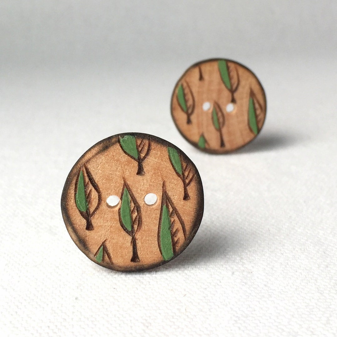 Handmade Leaf Buttons, 1 Inch Wooden Button Tribal/ Woodland Design Eco ...