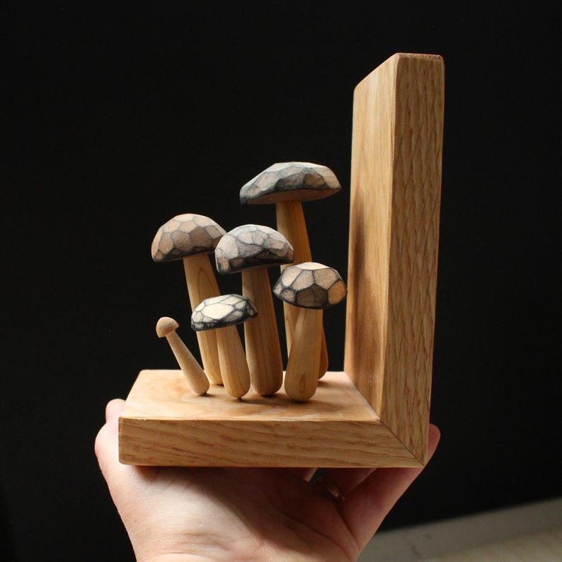 Wooden Carved Mushrooms Bookends, 5th Wedding Anniversary Gift, Solid ...