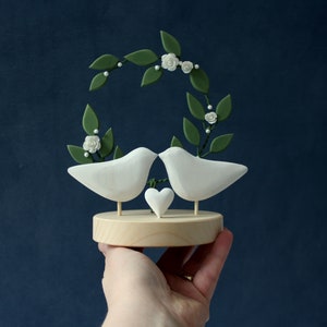 Green Wedding Topper, Wooden Cake Topper, Love Birds and Leaves and ...