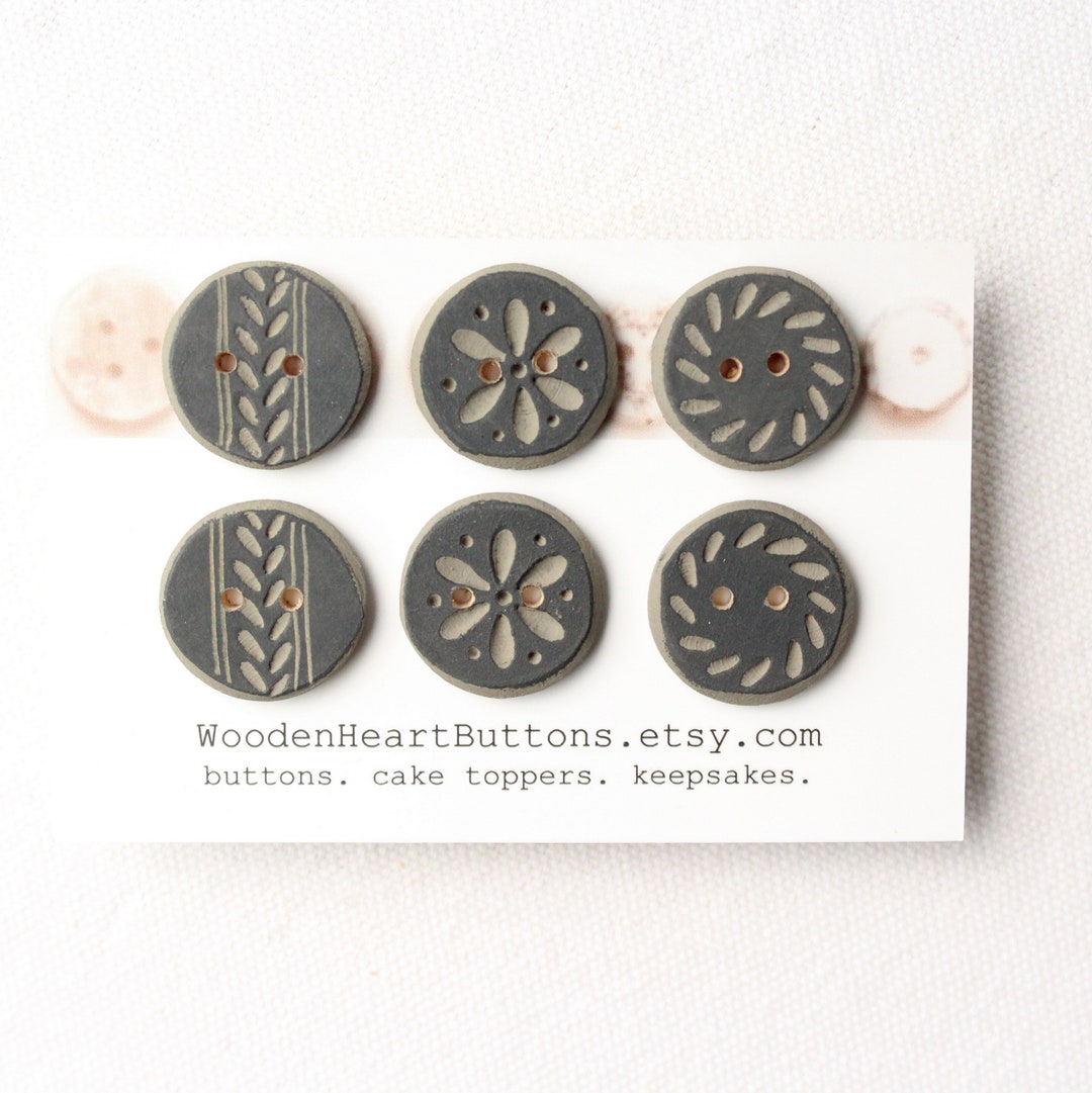 6 Mixed Buttons, Small Gray Buttons, Small Wooden Buttons, Dark Gray ...
