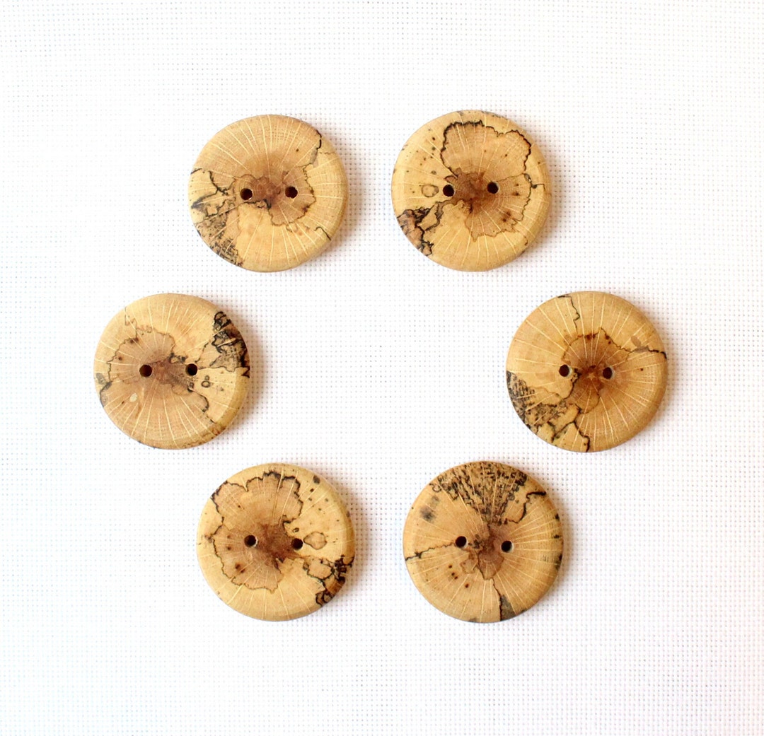6 Large Spalted Oak Buttons, 1 1/2 Inch Wood Sewing Button, Natural and ...