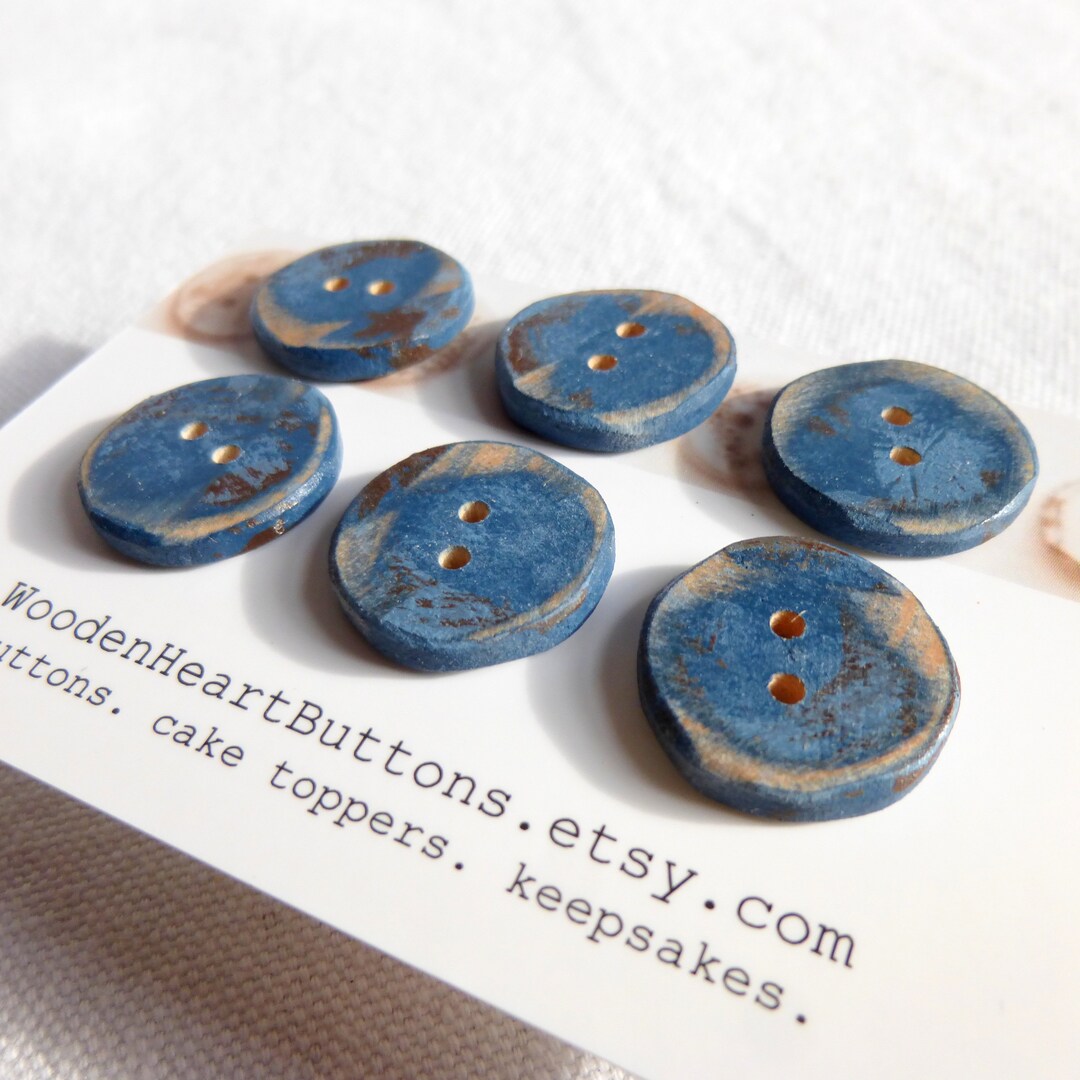6 Small Blue Buttons, Blue Wood Buttons- Distressed Blue Wooden Buttons ...