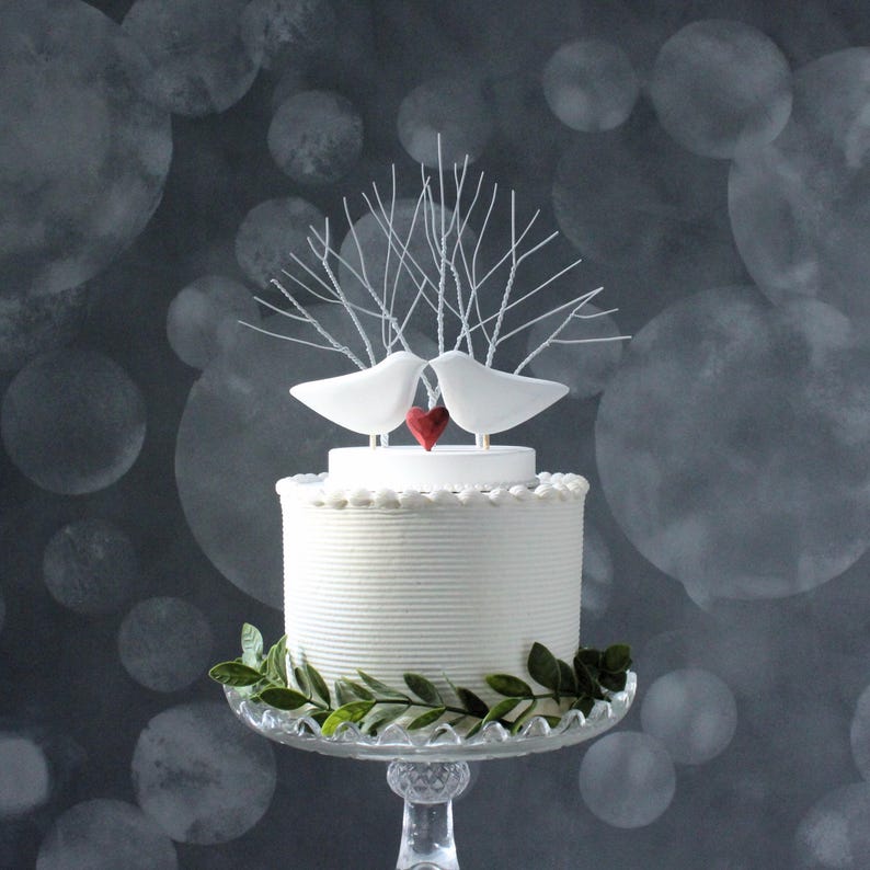 White Wedding Cake Topper With Winter Trees and Love Birds, Carved Wood ...