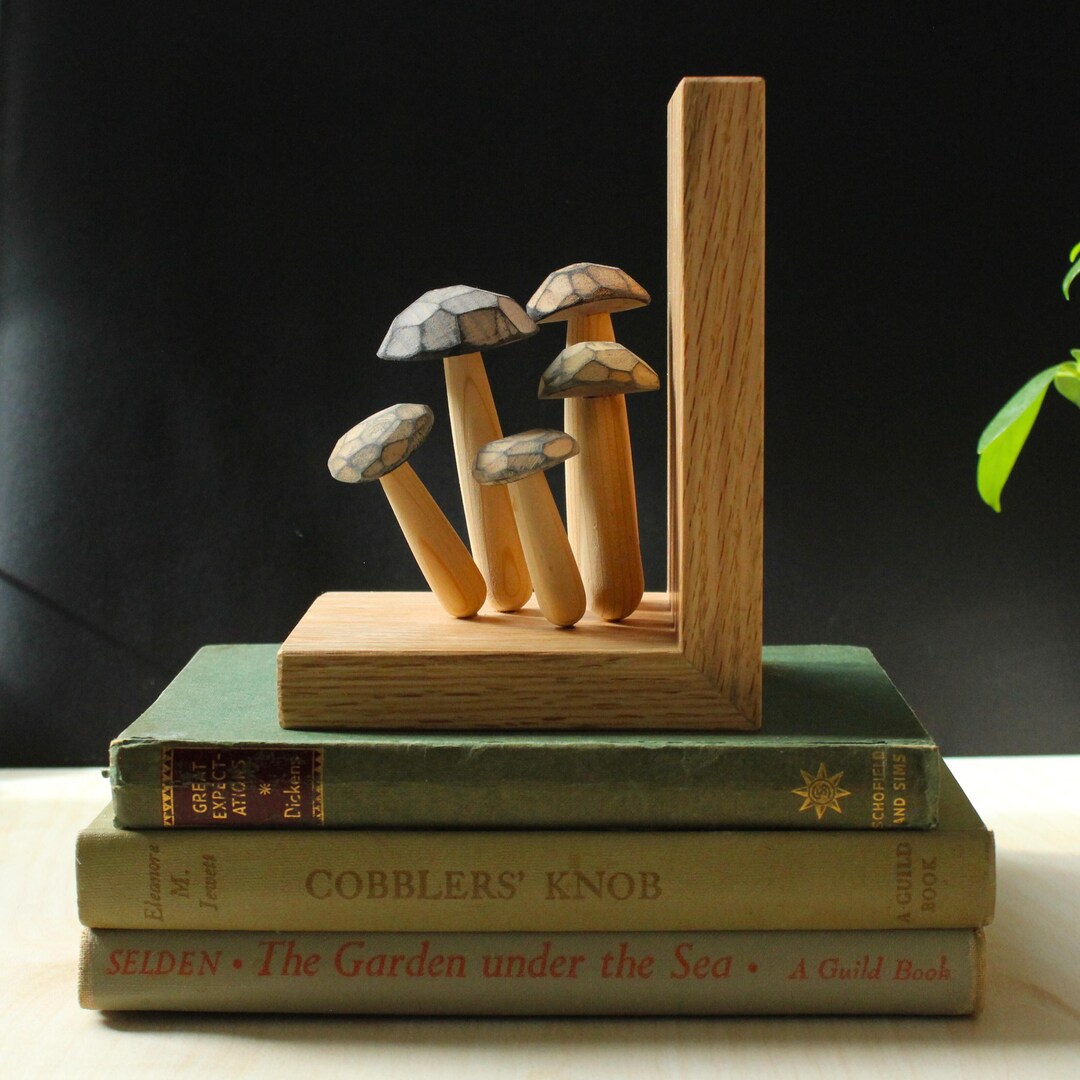 Pair of Hardwood Bookends With Carved Mushrooms, Wooden Wedding Gift ...