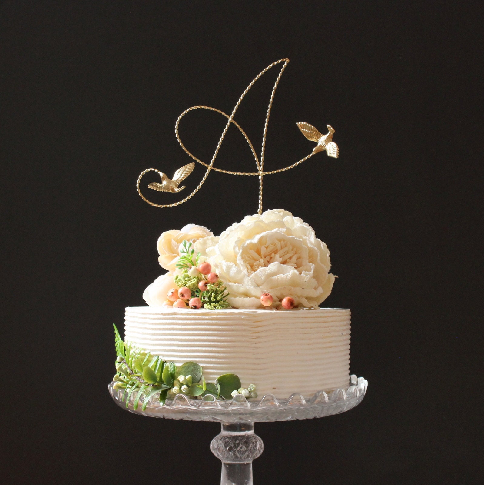 Wire Initial Cake Topper With Love Birds Custom Gold Monogram | Etsy