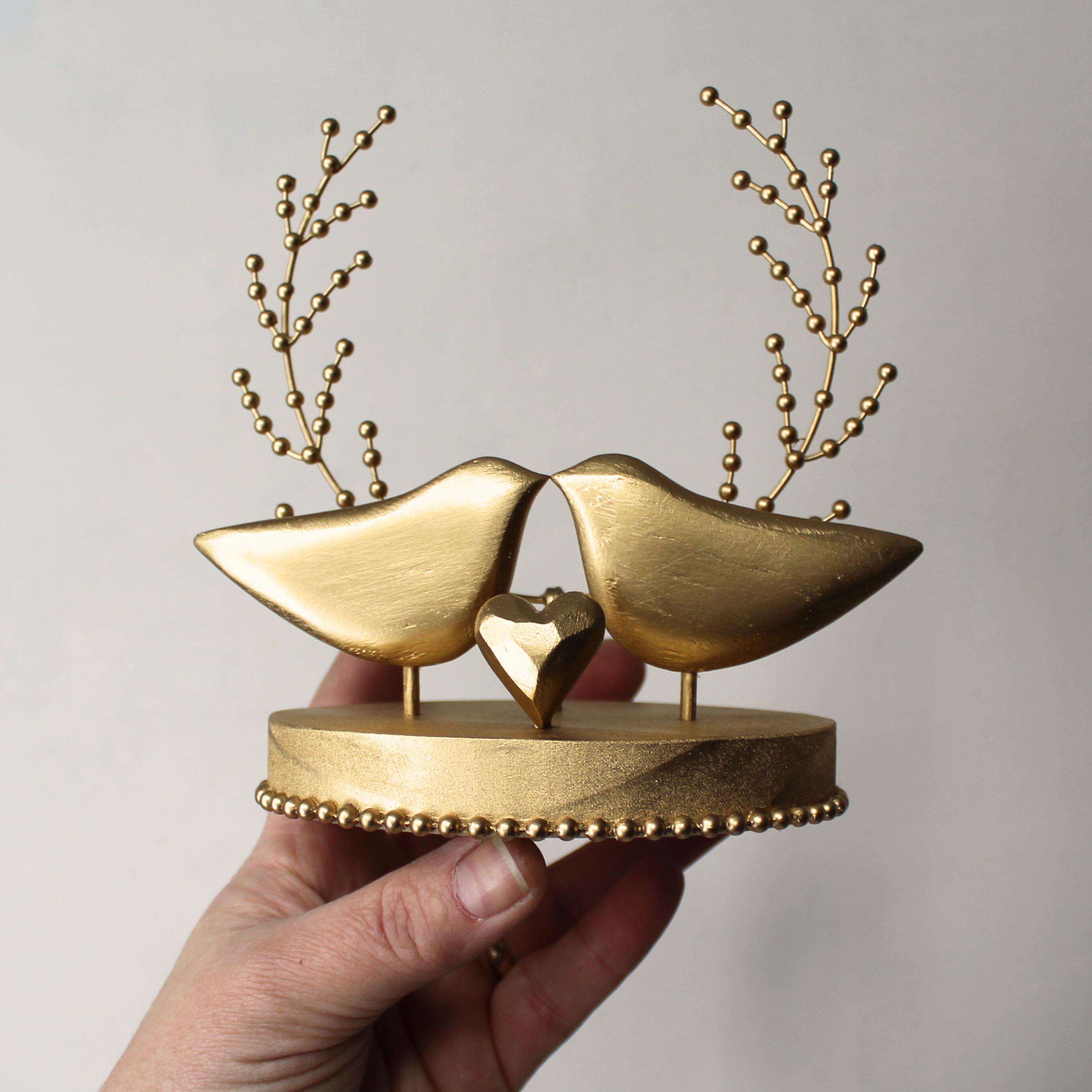 Gold Anniversary Cake Topper With Lovebirds and Heart, Gold Wedding ...