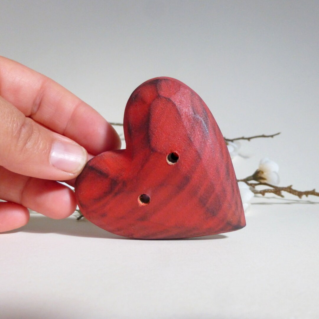 Big Red Heart, Hand Carved Button, Big Red Button, Heart Button, Wooden ...