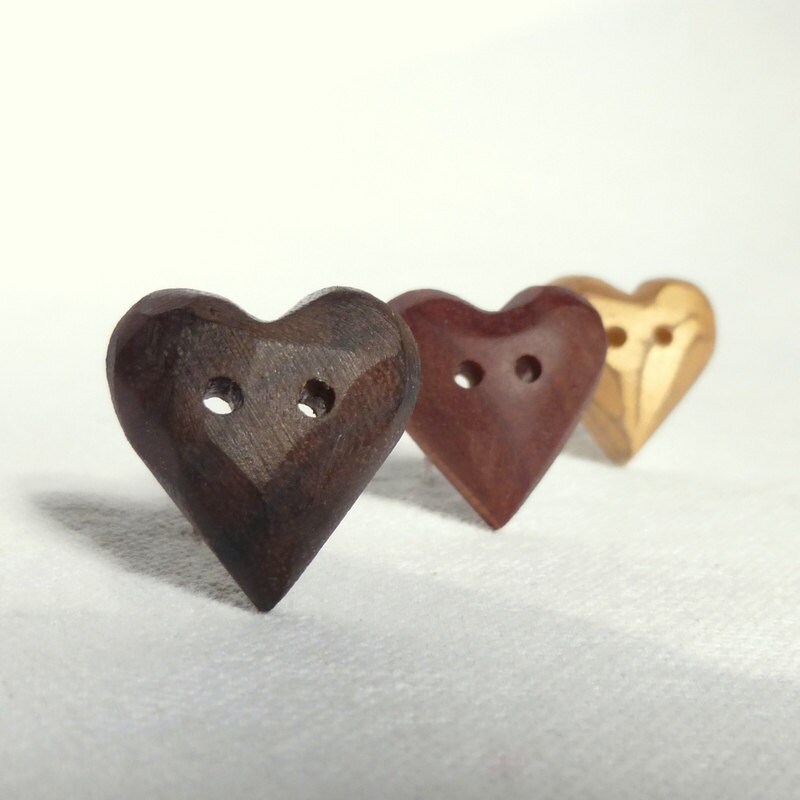 2 Hand Carved Buttons Wooden Heart Buttons Black Walnut Wood | Etsy