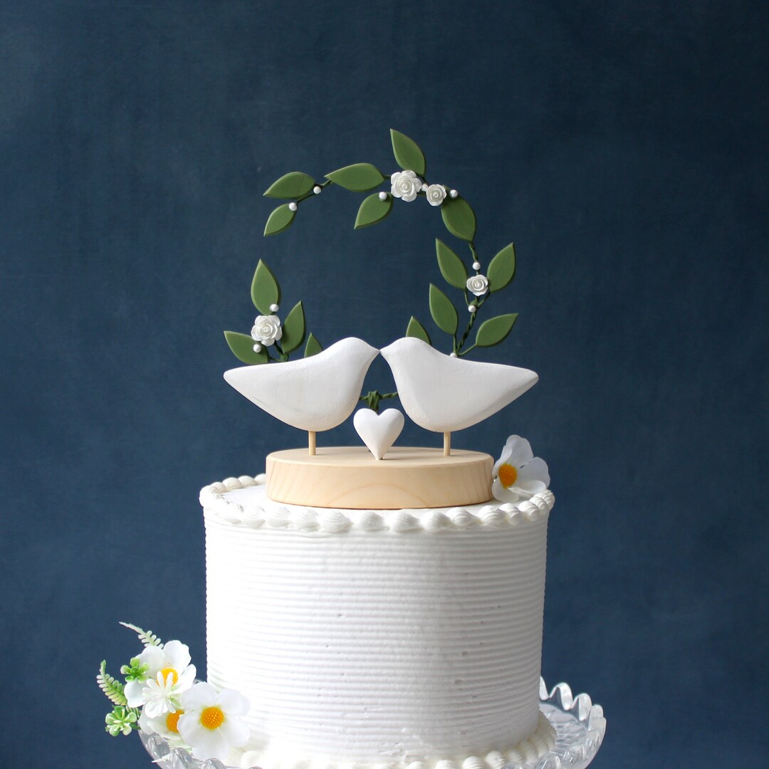 Green Wedding Topper, Wooden Cake Topper, Love Birds and Leaves and ...