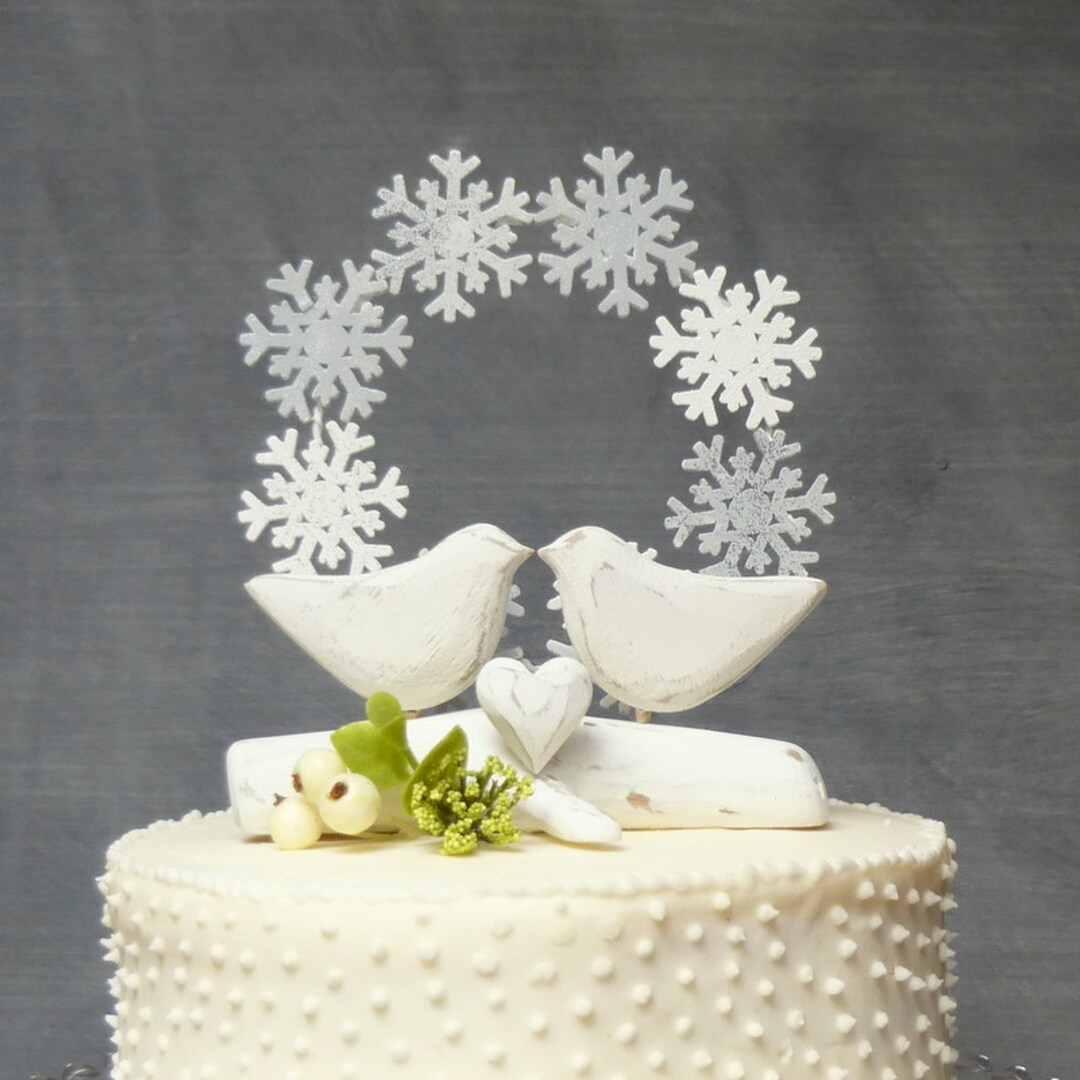 Snowy White Wedding Cake Topper, Winter Cake Topper With Love Birds ...