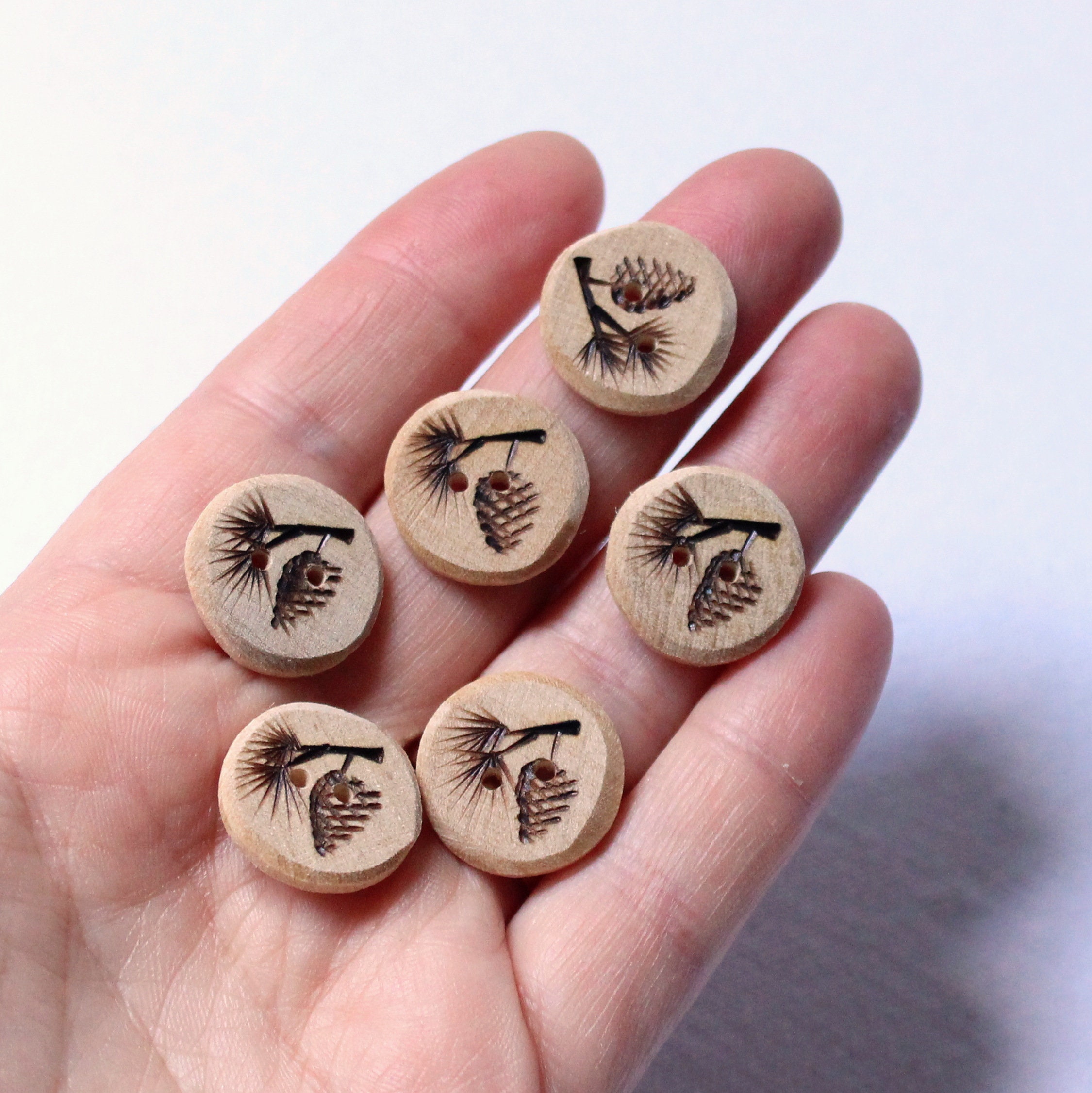 6 Pine Cone and Branch Wooden Buttons Wood Sewing Buttons - Etsy