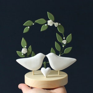 Green Wedding Topper, Wooden Cake Topper, Love Birds and Leaves and ...